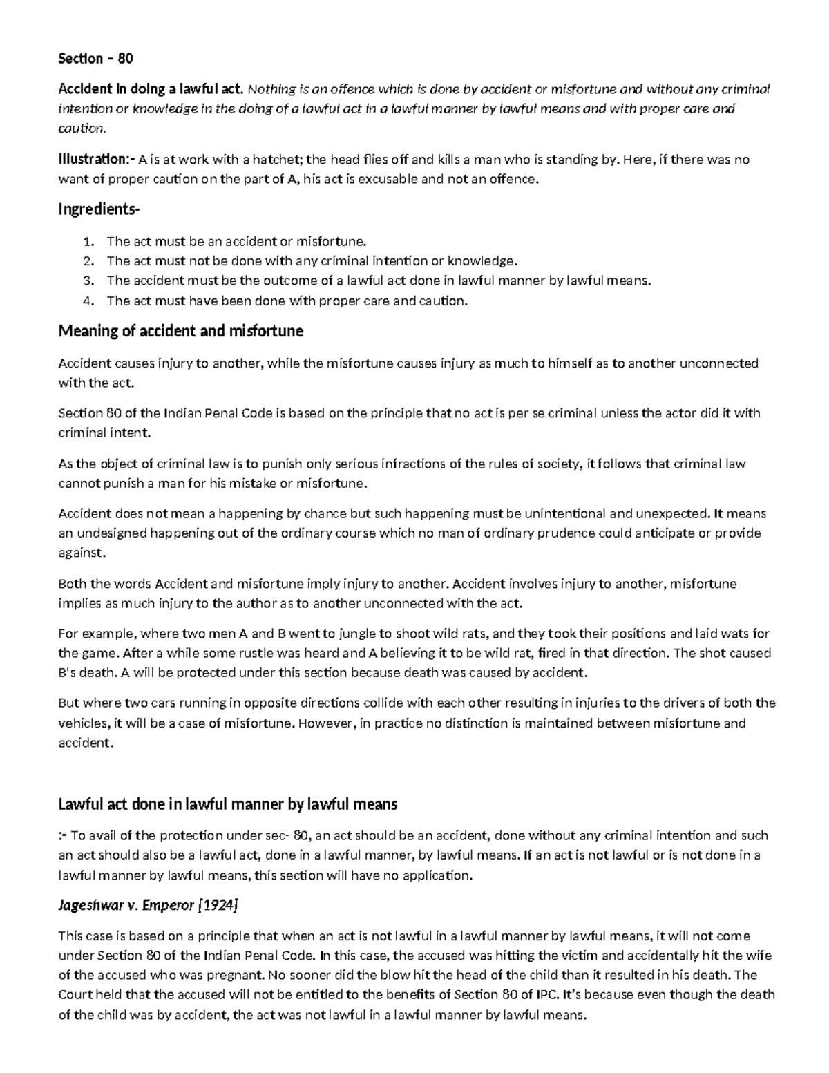 Accident IPC - Notes - Section – 80 Accident in doing a lawful act ...