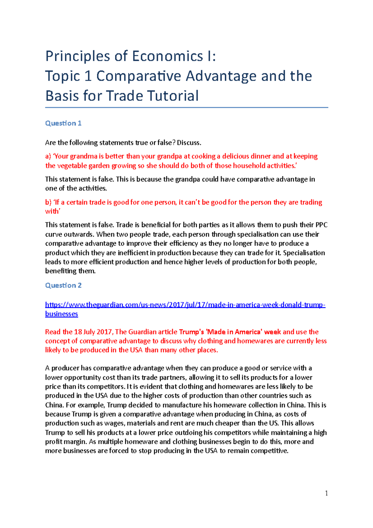 Topic 1 - tutorial notes - Principles of Economics I: Topic 1 ...