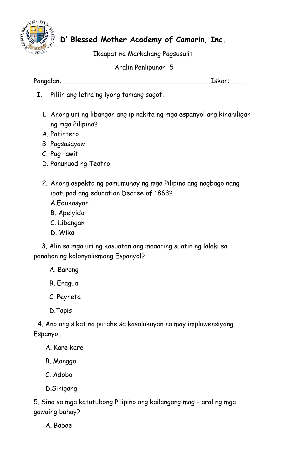 AP 5 4th Quarter exam - LEARNED - D’ Blessed Mother Academy of Camarin ...