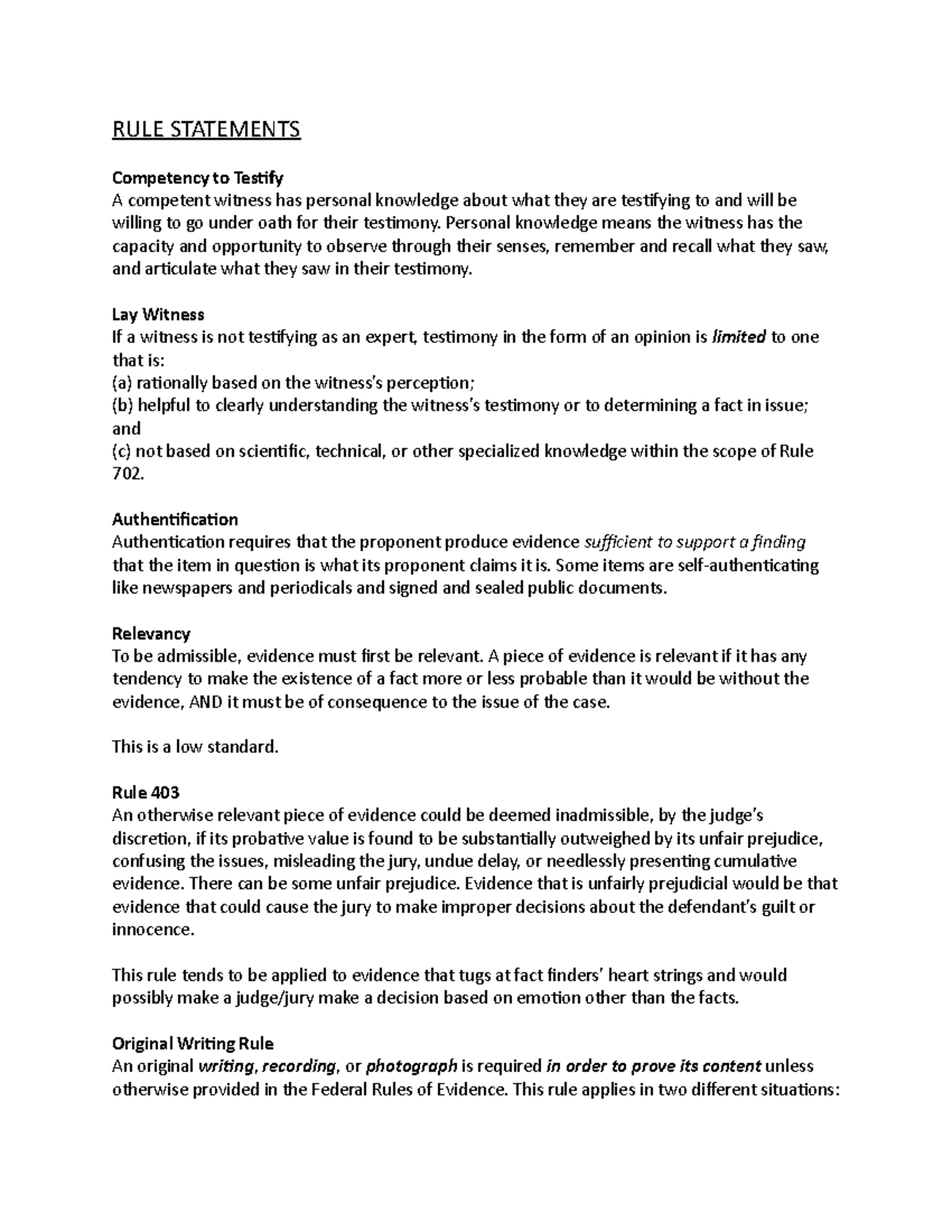 Evidence Outline Rule Statements - RULE STATEMENTS Competency to ...