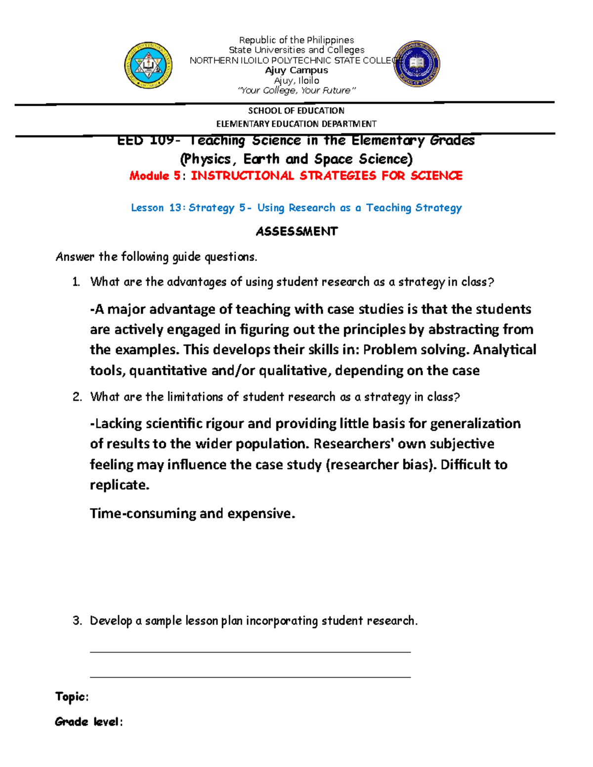 LA5 Lesson 13 Teaching Science in the Elementary Grades - State ...