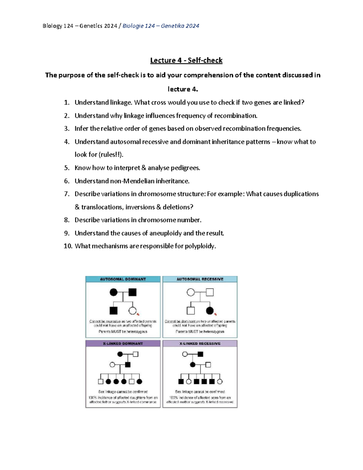 Self check Lecture 4 2024 Selfkontroleer Lesing 4 2024 - Biology 124 ...