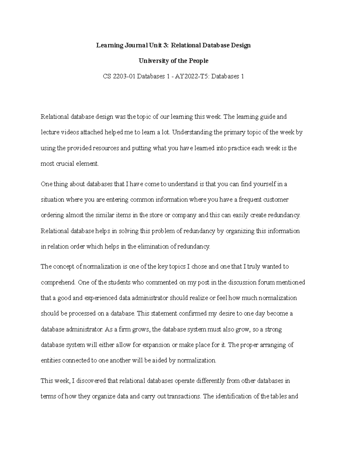 Learning Journal Unit 3 - The learning guide and lecture videos ...