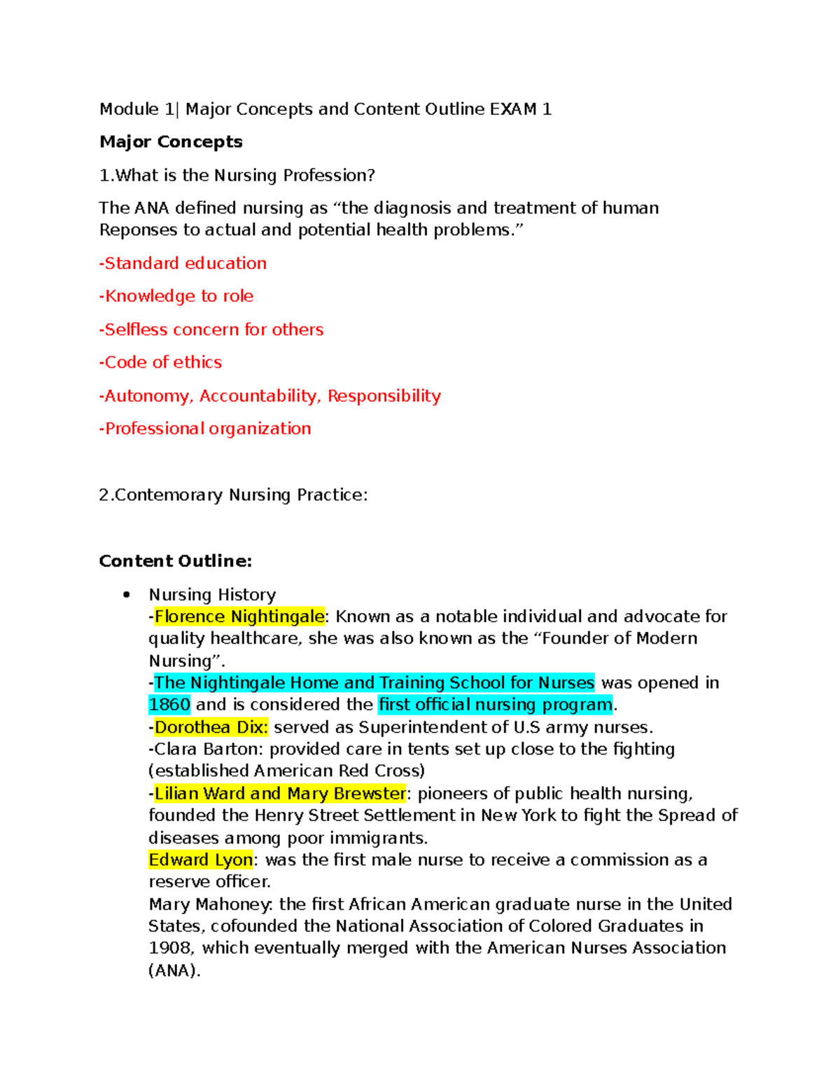 Module 1 Major Concepts and Content Outline EXAM 1 - ” -Standard ...