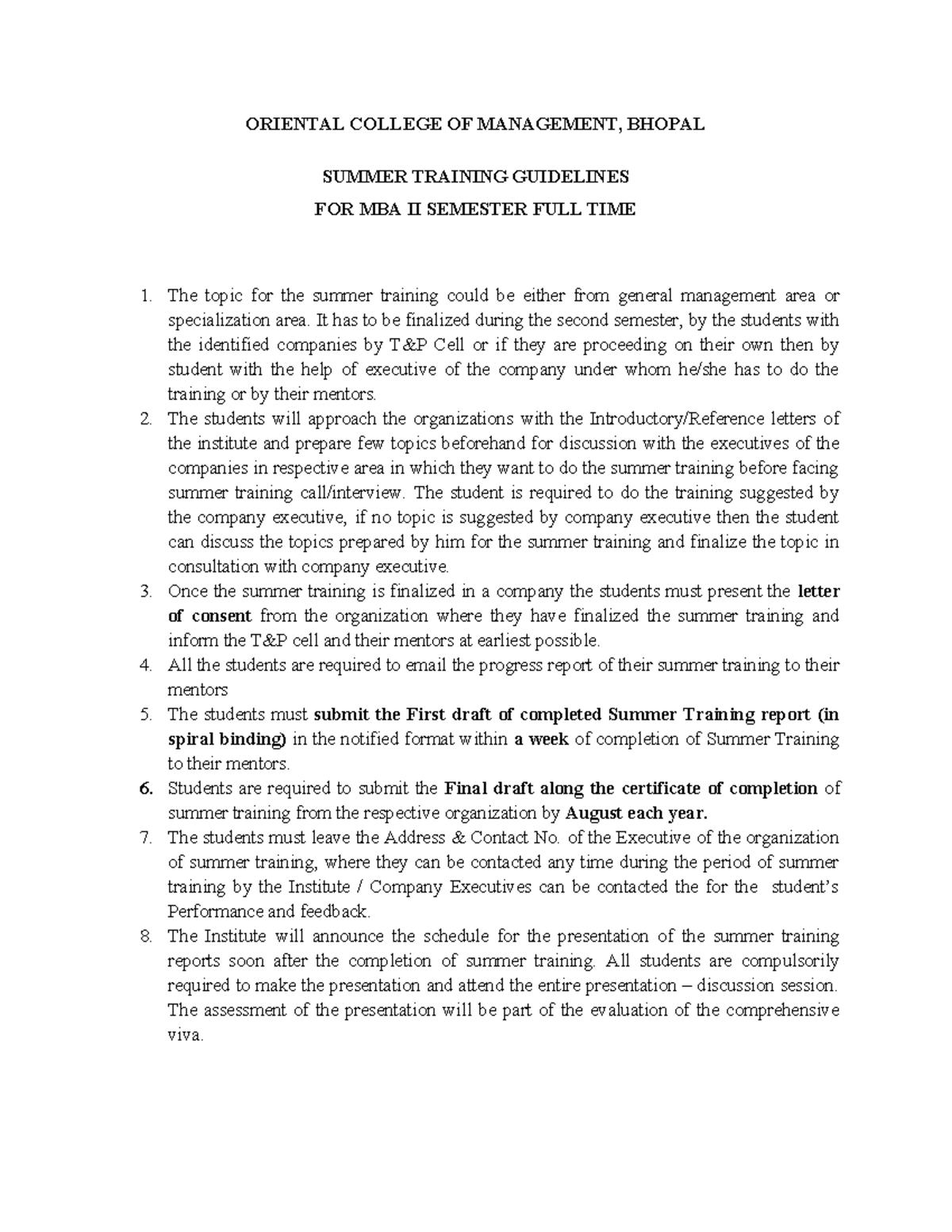 SIP Report Guidelines - ORIENTAL COLLEGE OF MANAGEMENT, BHOPAL SUMMER ...