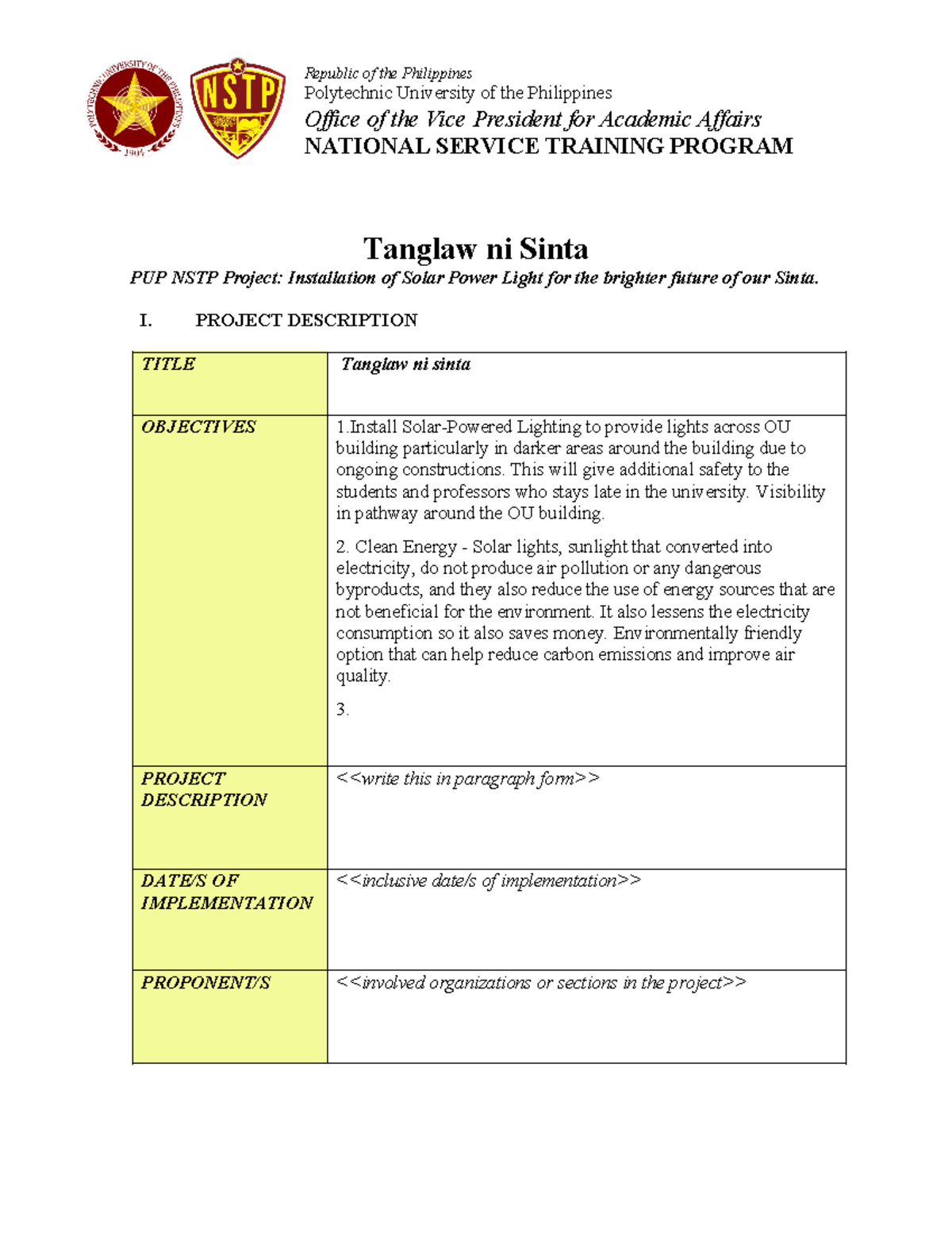 NSTP Project Proposal Template Inside the University - Polytechnic ...