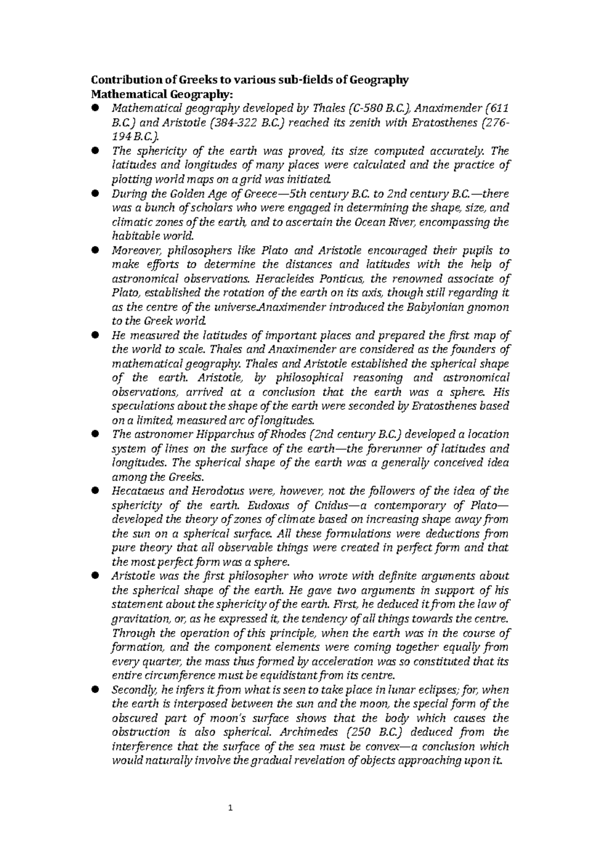 Contribution of Greeks and Romans to various subdisciplines ...