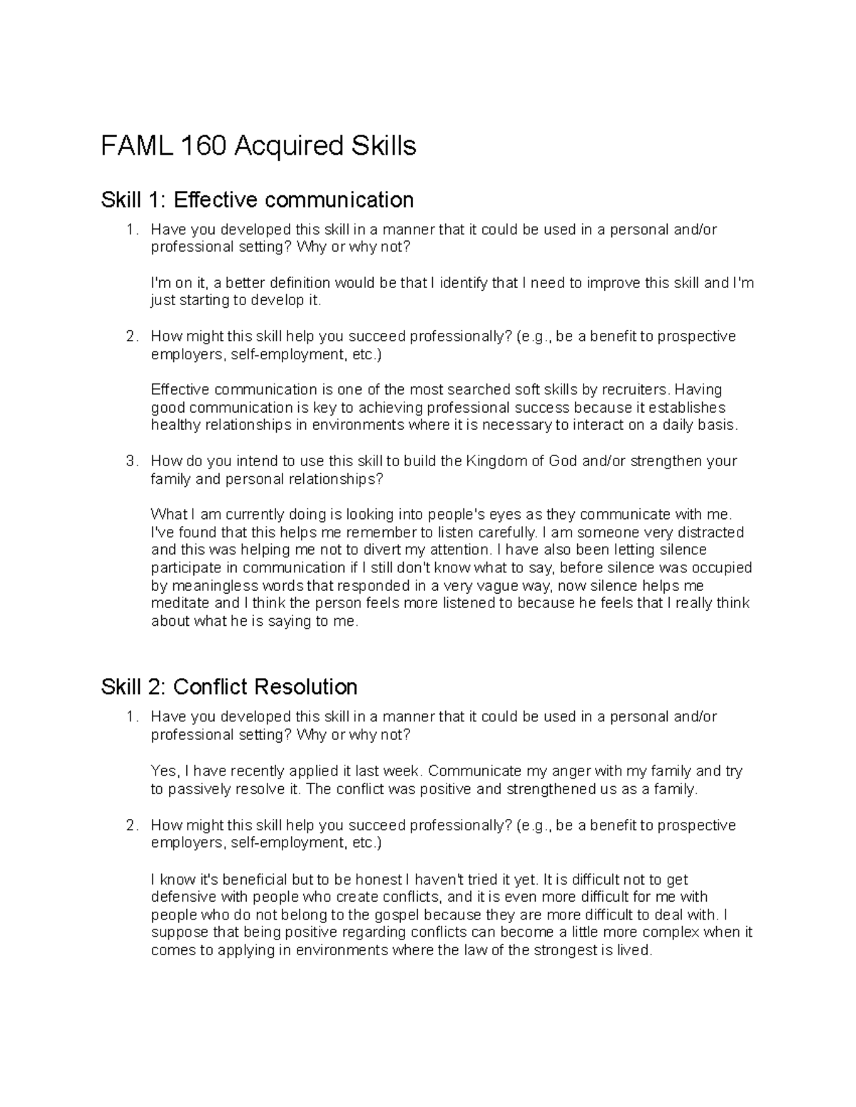 Acquired Skills - FAML 160 Acquired Skills Skill 1: Effective ...