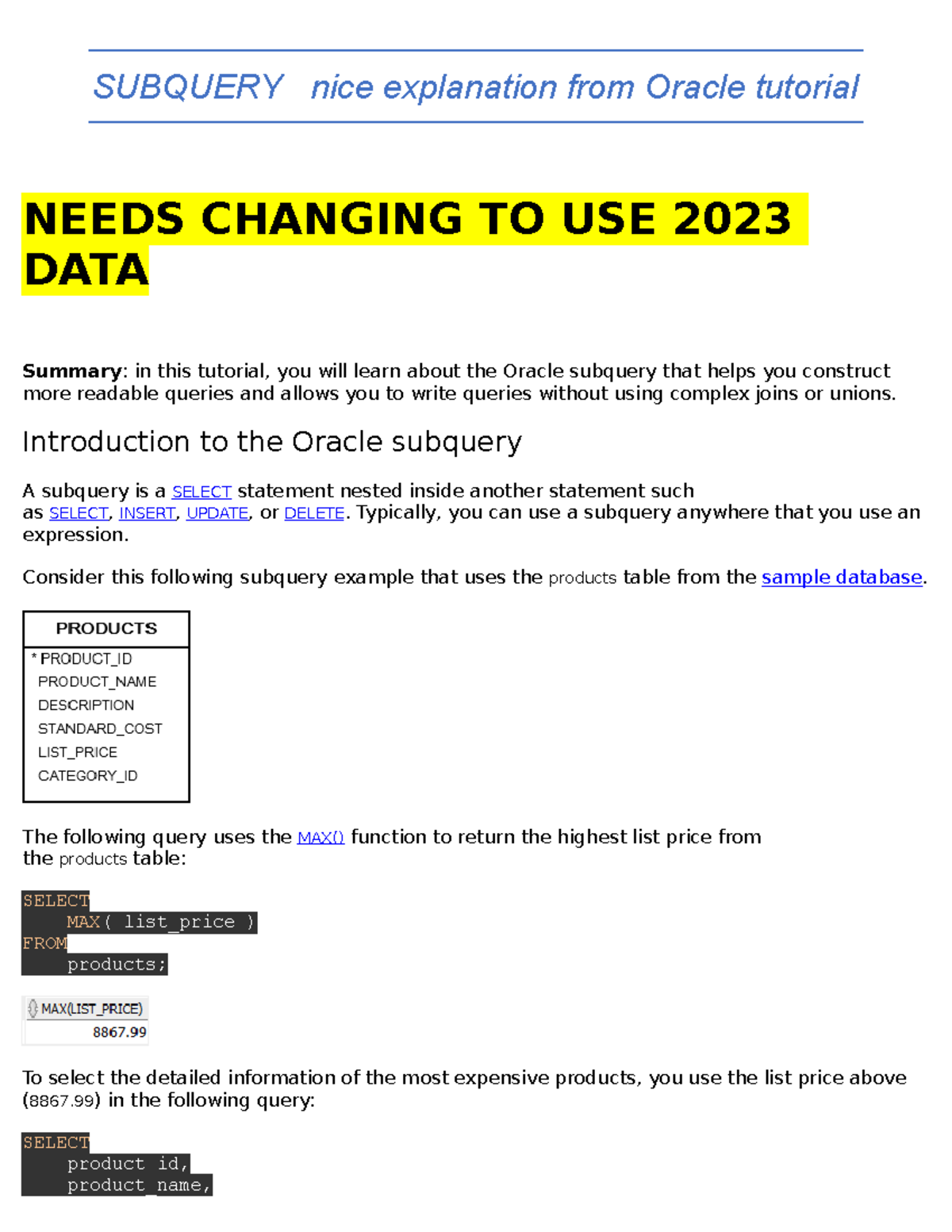 Les04a Subqueries From Oracle Tutorial To Be Mailed Subquery Nice Explanation From Oracle 