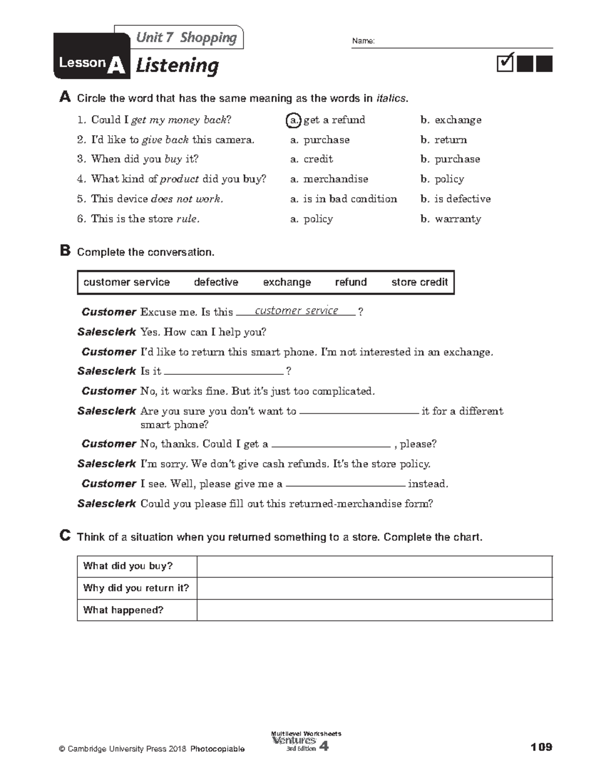 Ventures 3ED Multilevel Worksheets-Level 4-Unit7-Lesson A - Unit 7 Shopping Name: © Cambridge ...
