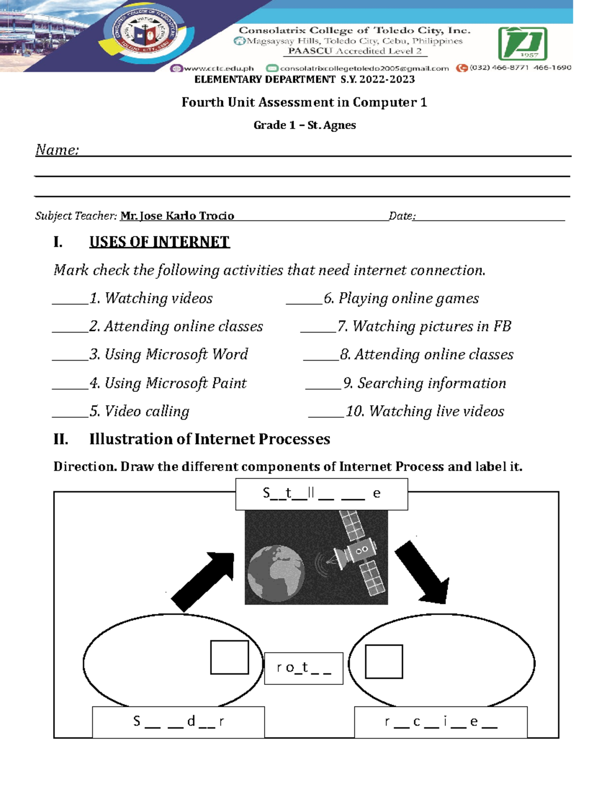 Fourth Unit Assessment in Computer 1 - ELEMENTARY DEPARTMENT S. 2022 ...