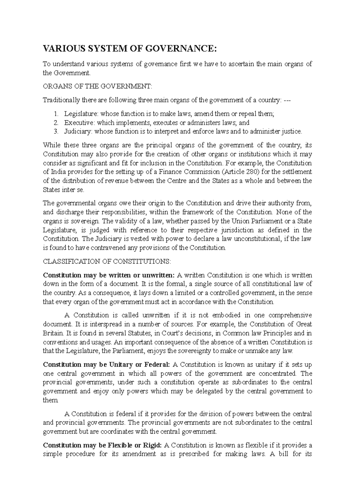 Various System OF Governance - VARIOUS SYSTEM OF GOVERNANCE: To ...