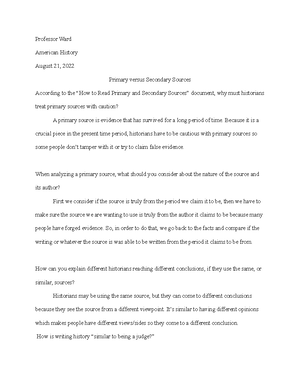 Primary Source Analysis 1 - Professor Ward American History August 21 ...