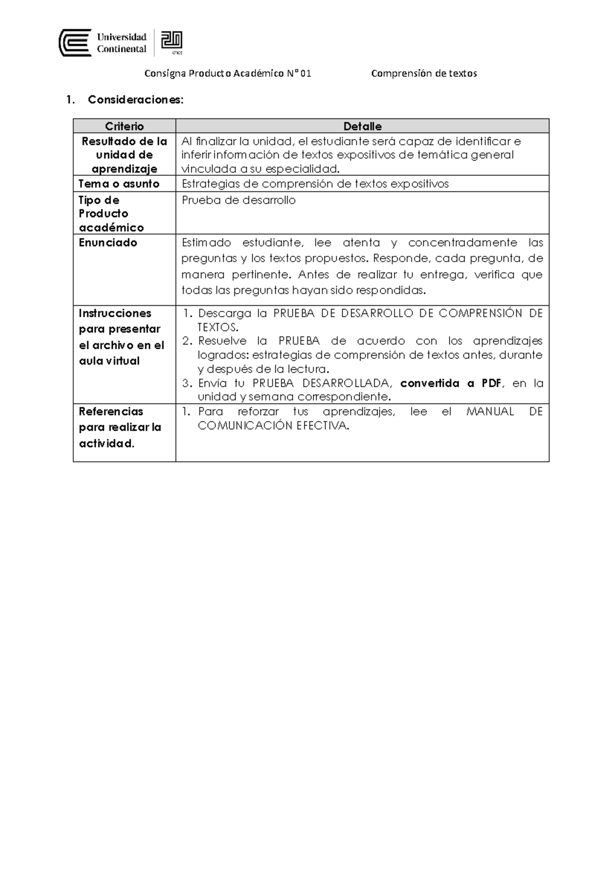1.a PA 1 Consigna-2024-20A - Consigna Producto Académico N° 01 Comprensión de textos - Studocu