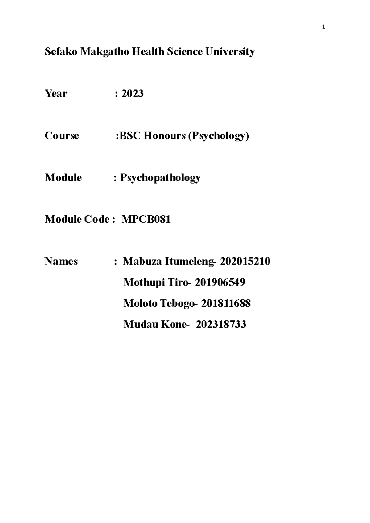 Describing And Classifying Abnormal Behaviour Sefako Makgatho Health Science University Year