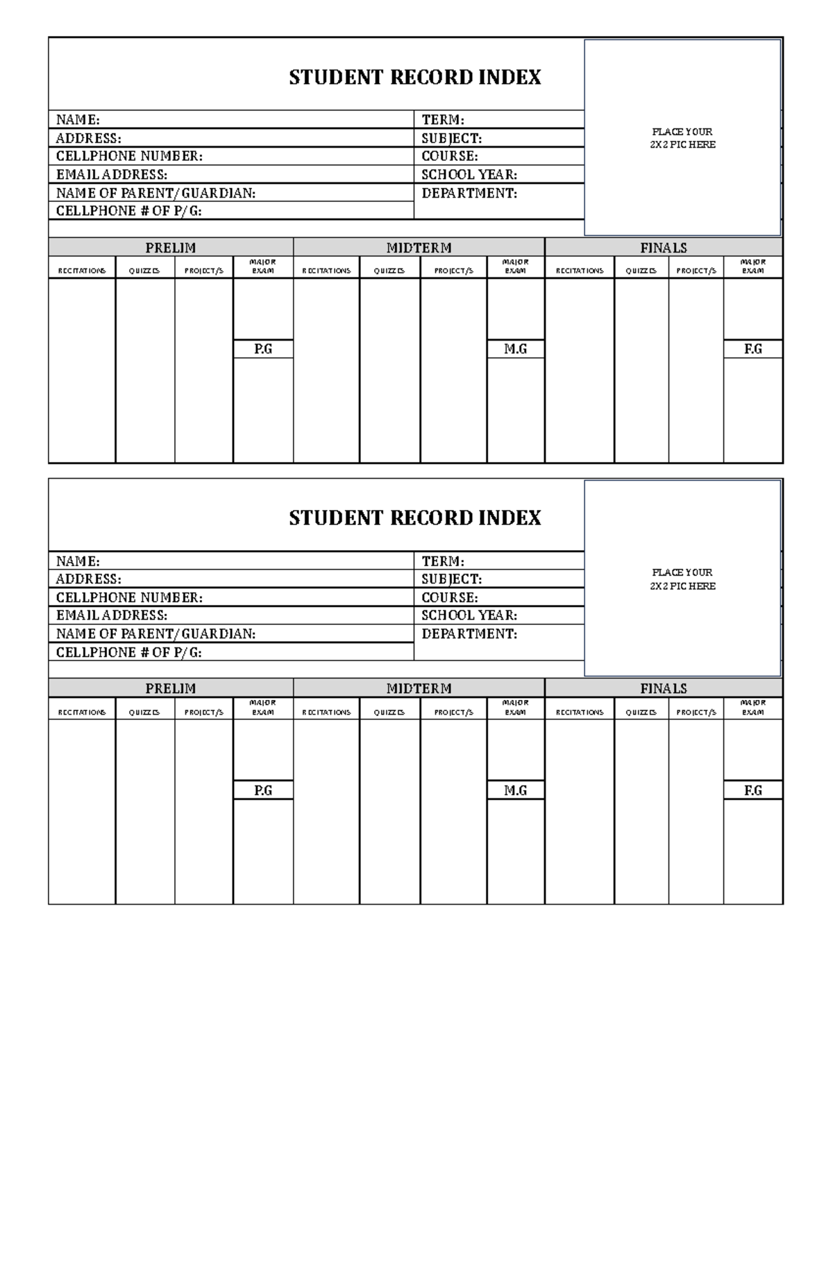 Student Record Index - STUDENT RECORD INDEX NAME: TERM: ADDRESS ...