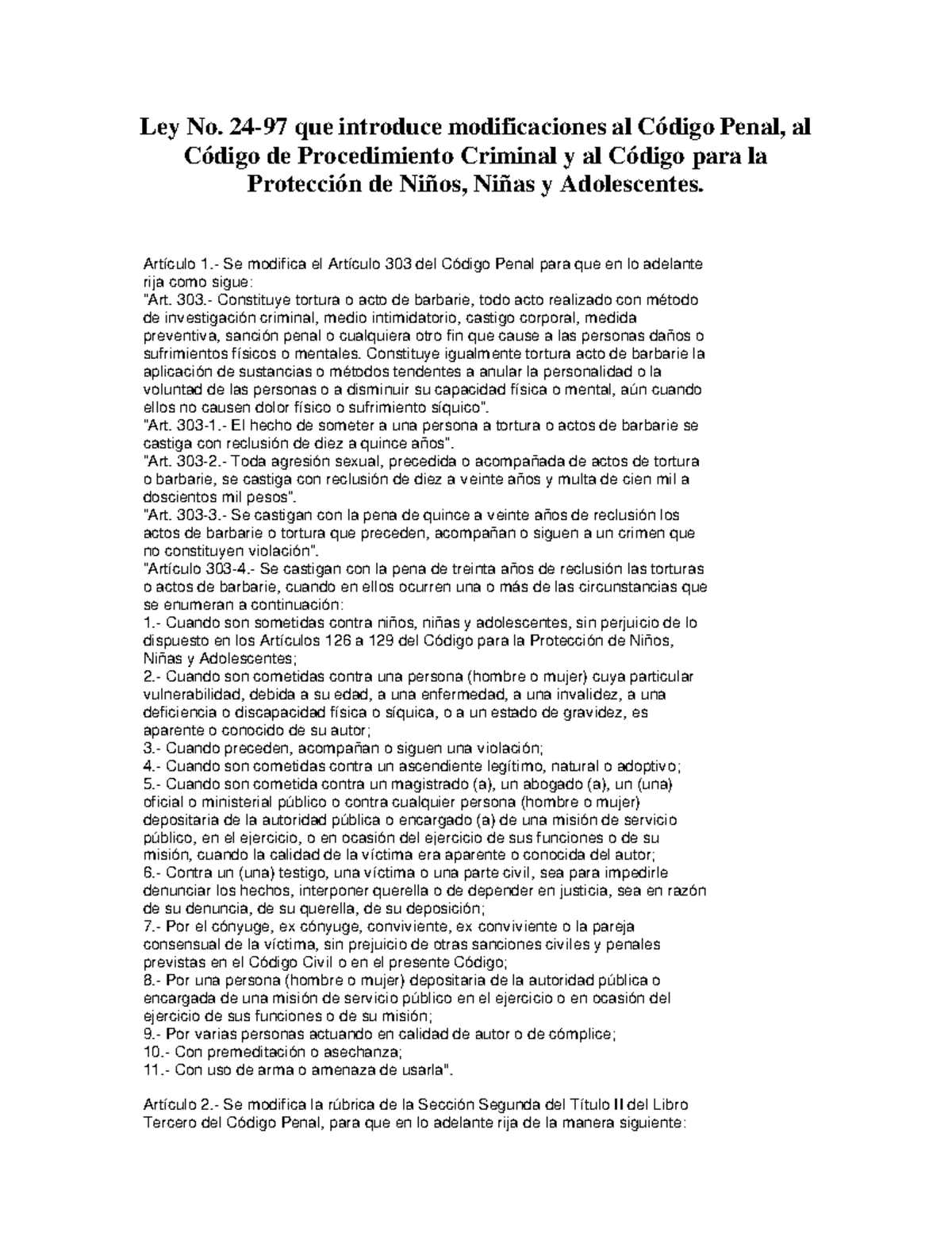 Ley-24-97 - Importancia de la mujer - Ley No. 24-97 que introduce ...