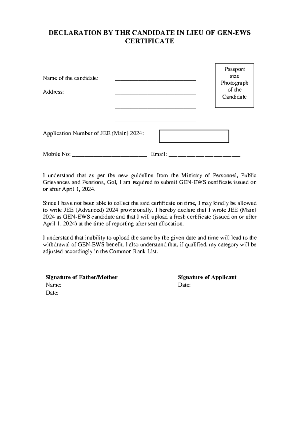 Declaration BY THE Candidate IN LIEU OF GEN-EWS Certificate ...