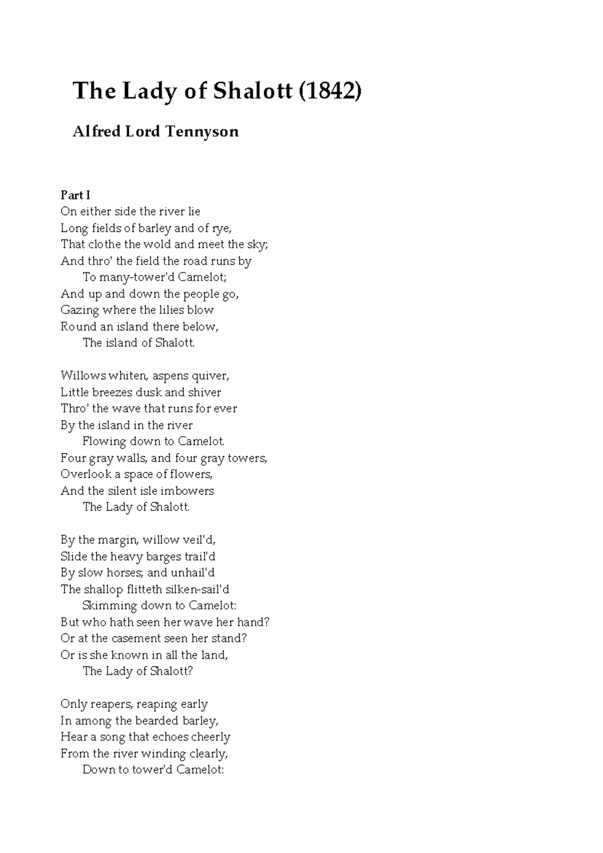 THE LADY OF Shalott - Will help you - The Lady of Shalott (1842) Alfred ...