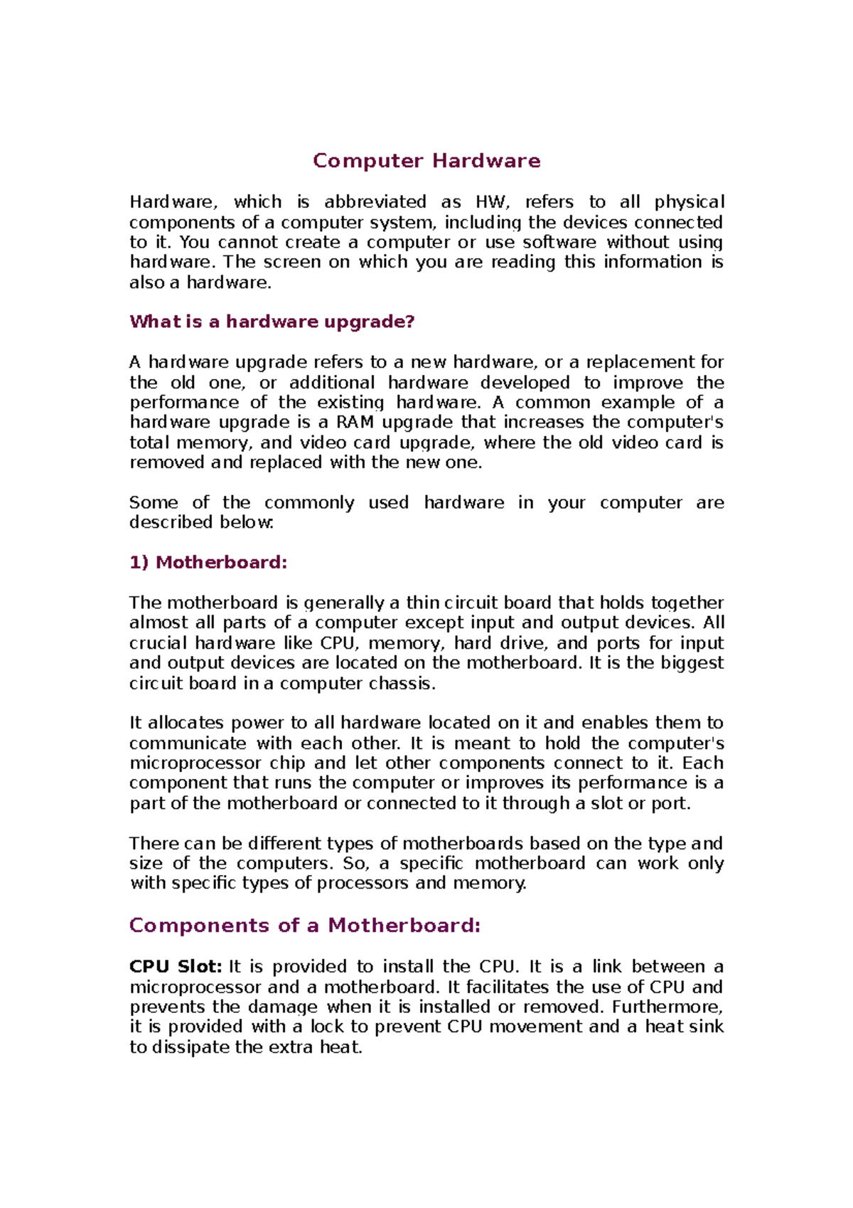 Computer Hardware - Computer Hardware Hardware, which is abbreviated as ...