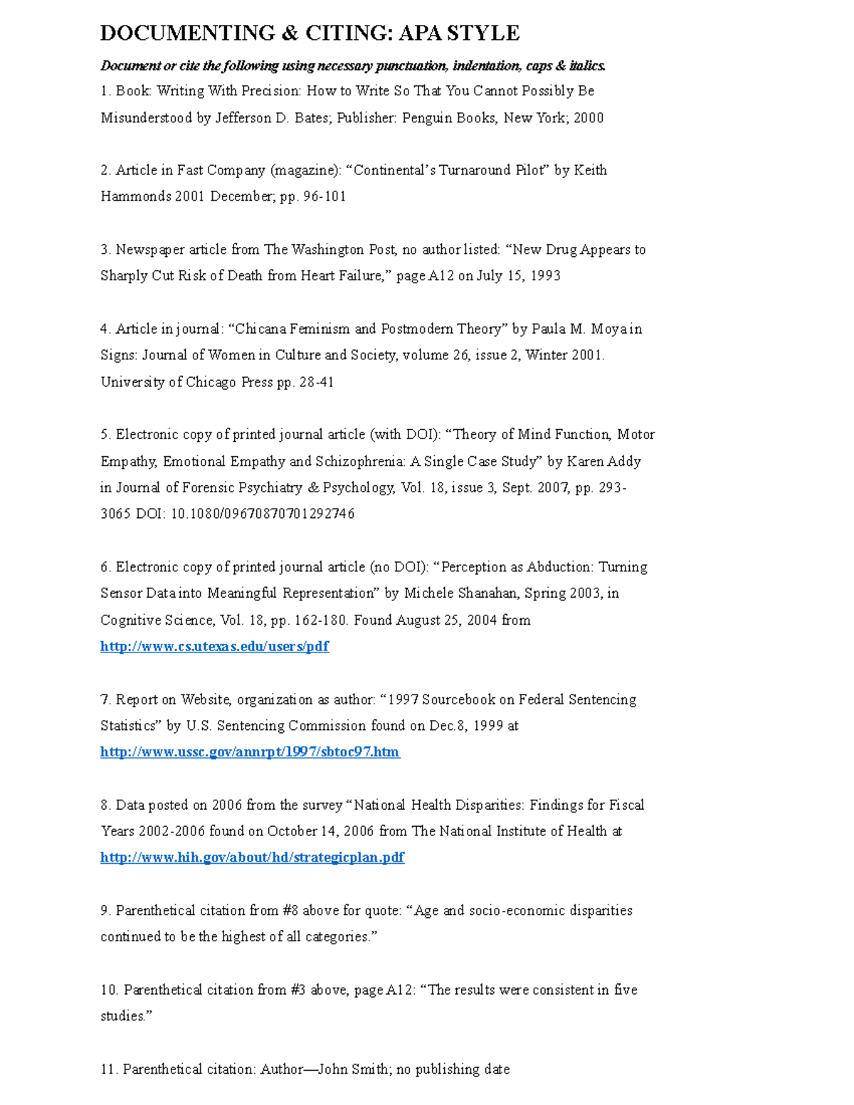 Documenting and Citing APA exercise - DOCUMENTING & CITING: APA STYLE ...