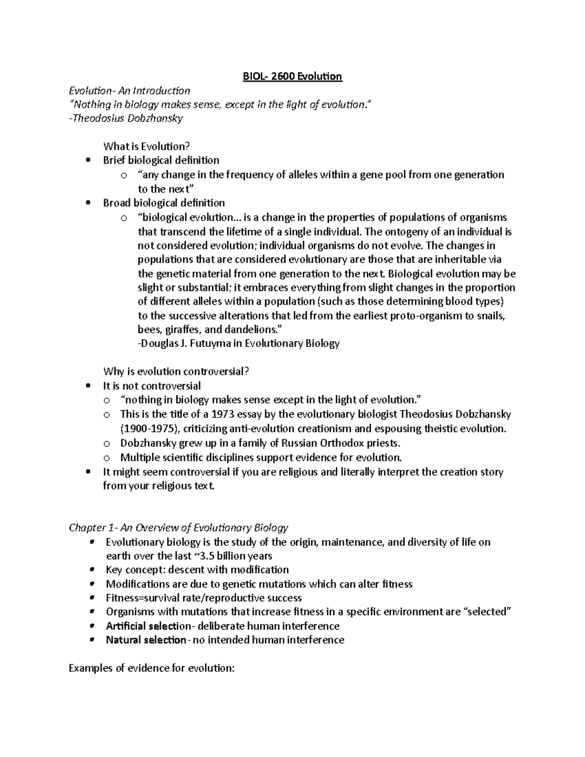 Evolution Lecture Notes Biol 2600 Evolution Evolution An