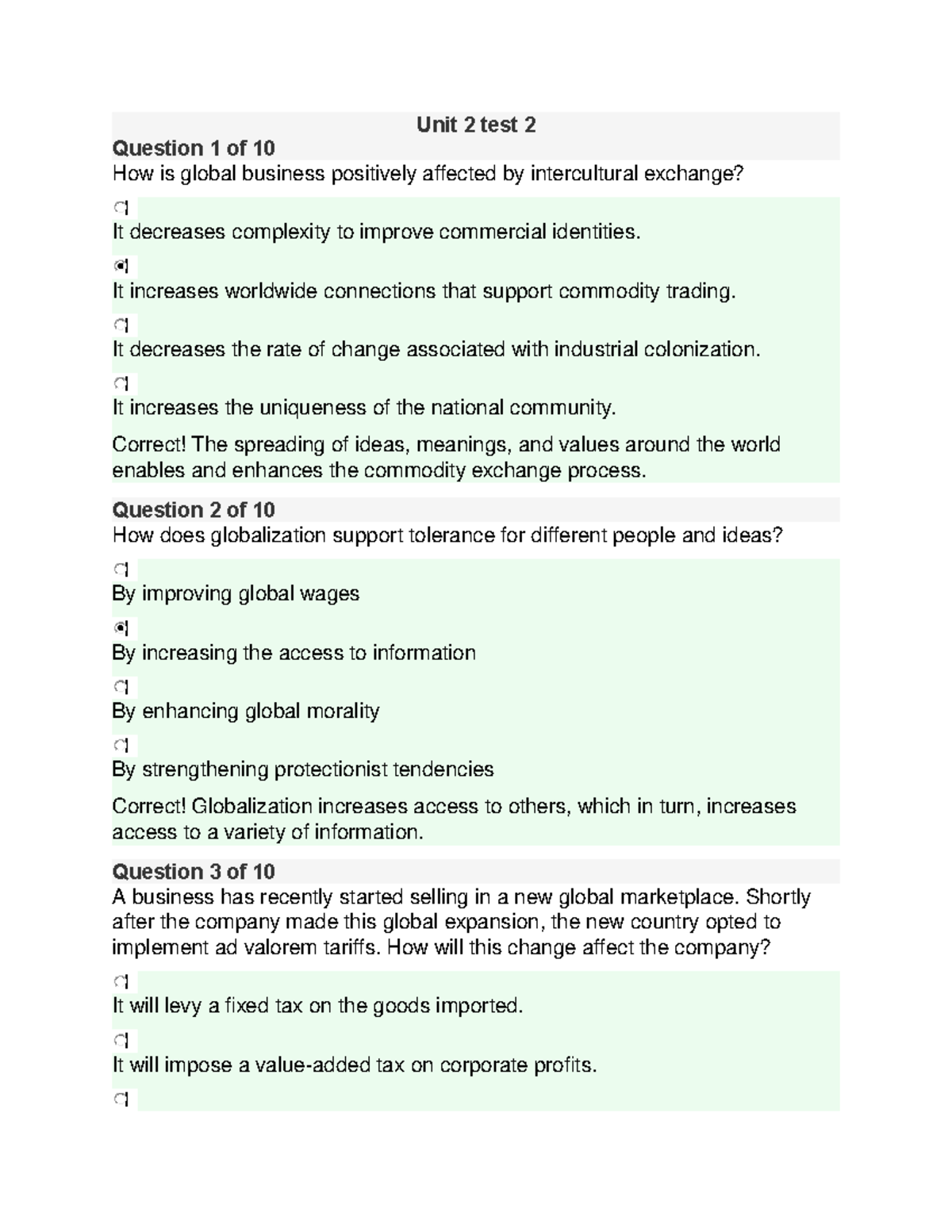 Unit 2 test 2 - Question 1 of 10 Unit 2 test 2 How is global business ...