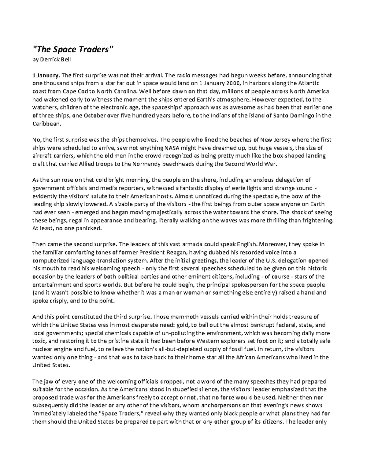 The Space Traders With Imbedded Questions - "The Space Traders" by Derrick Bell 1 January. - Studocu