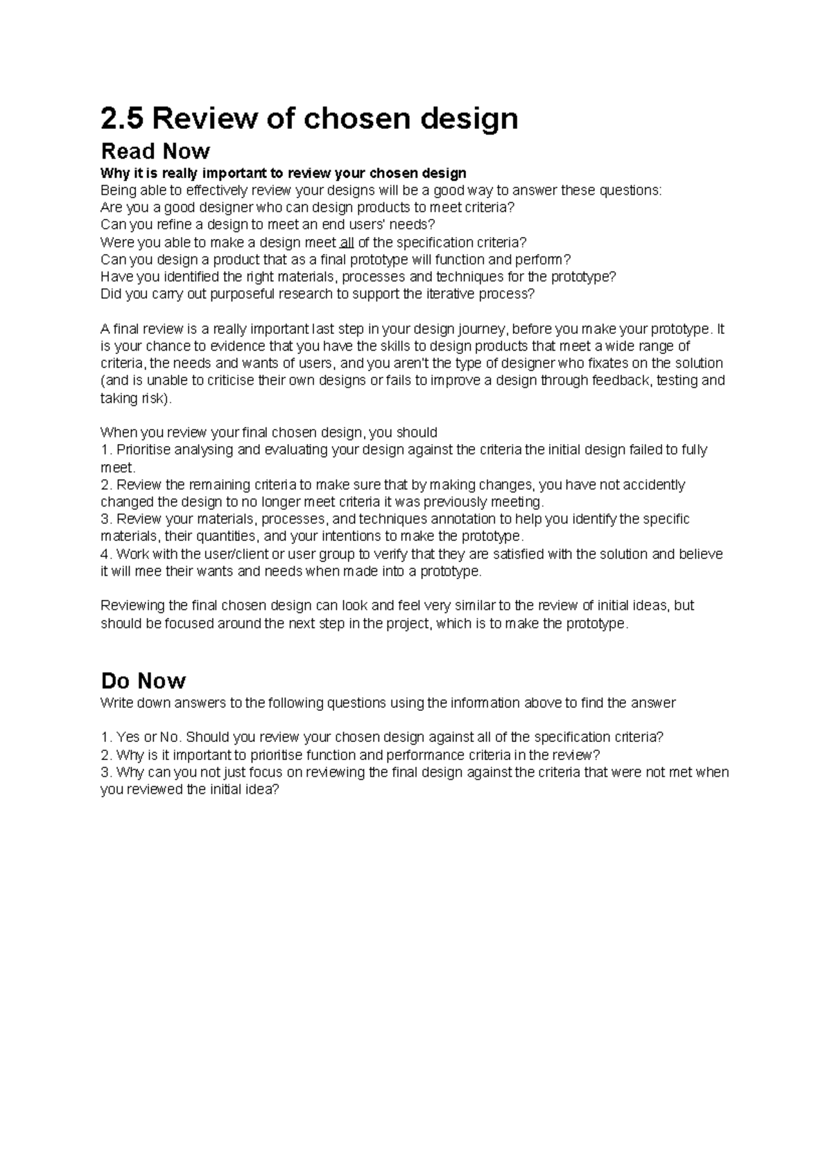 2.5 Review of chosen design Do Now - 2 Review of chosen design Read Now ...