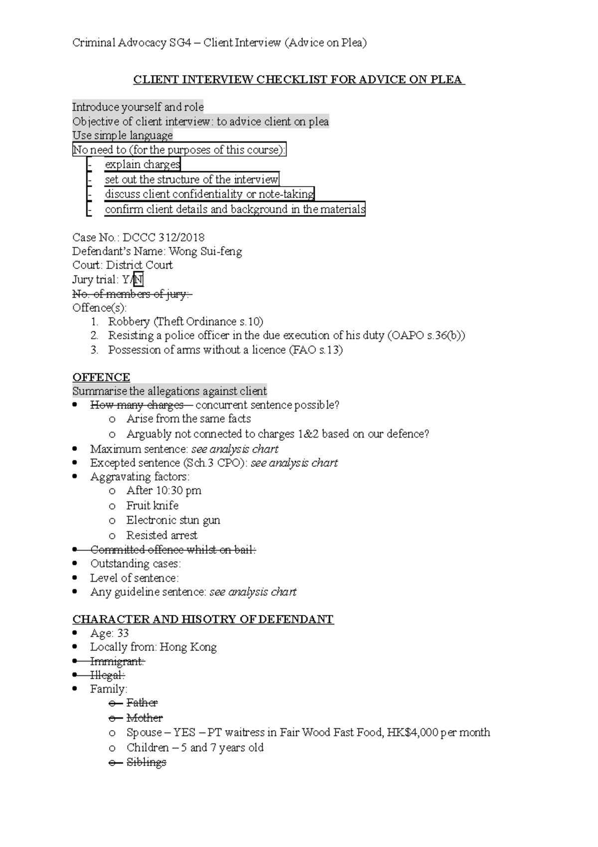 Client Interview for Advice on Plea Checklist - CLIENT INTERVIEW ...