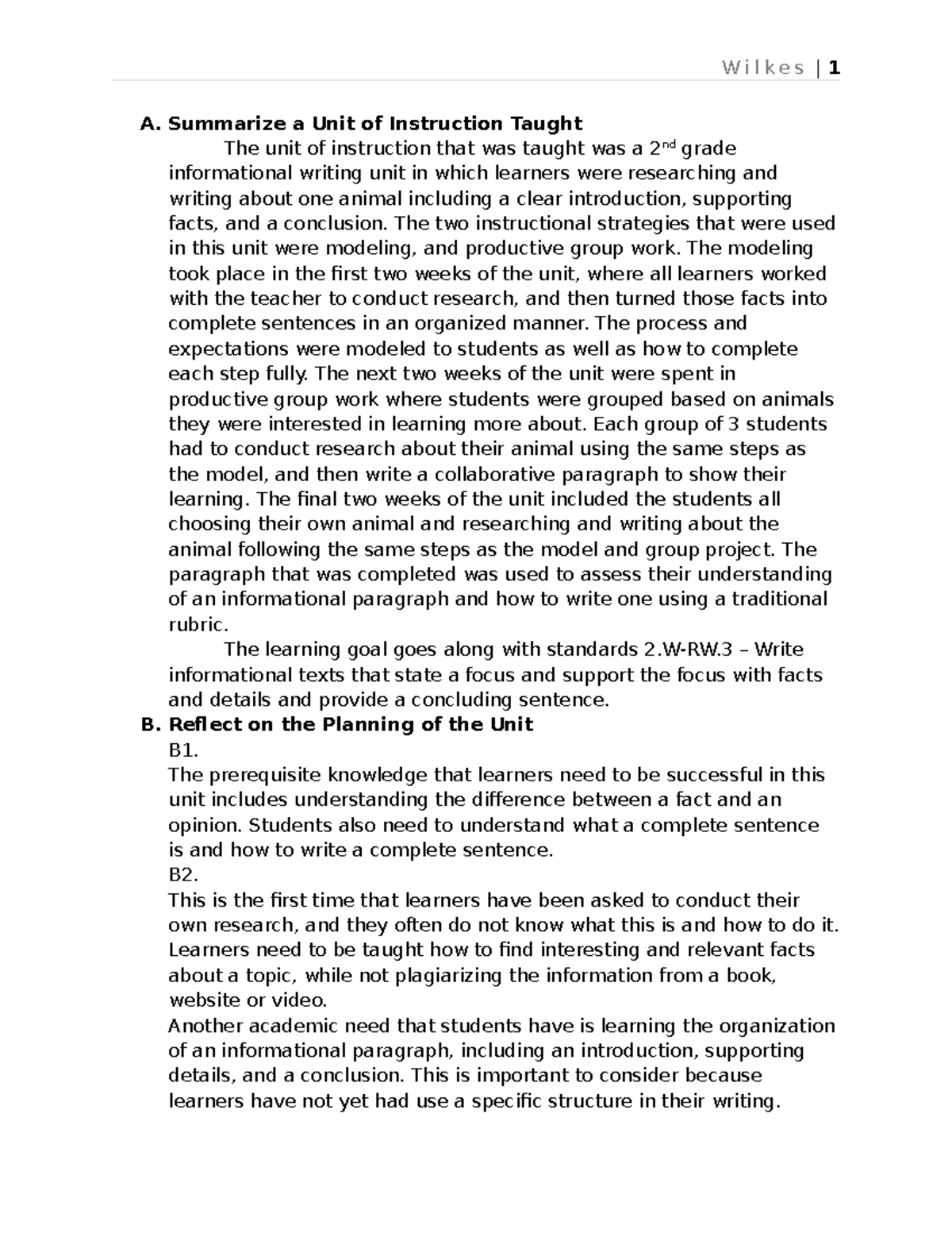 Wilkes - D629 Task 1 - D629 Task 1 - Passed - A. Summarize a Unit of ...