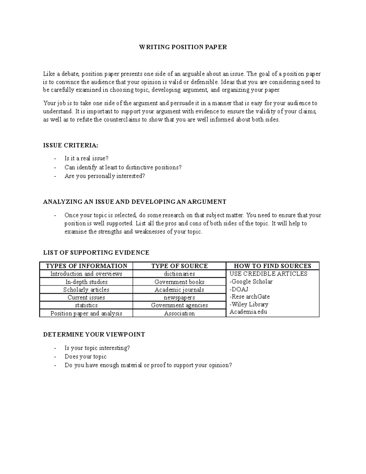 Writing Position Paper - WRITING POSITION PAPER Like a debate, position ...