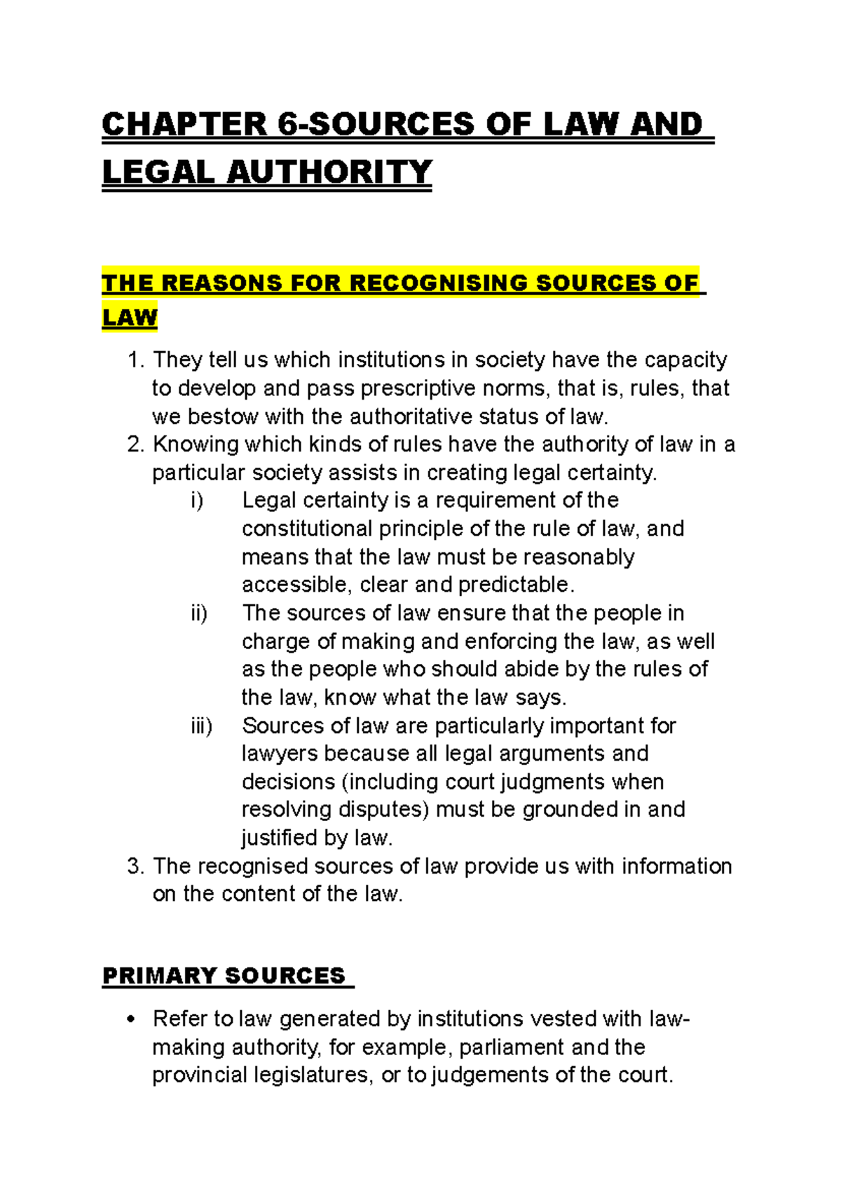 Chapter 6 notes law - CHAPTER 6-SOURCES OF LAW AND LEGAL AUTHORITY THE ...