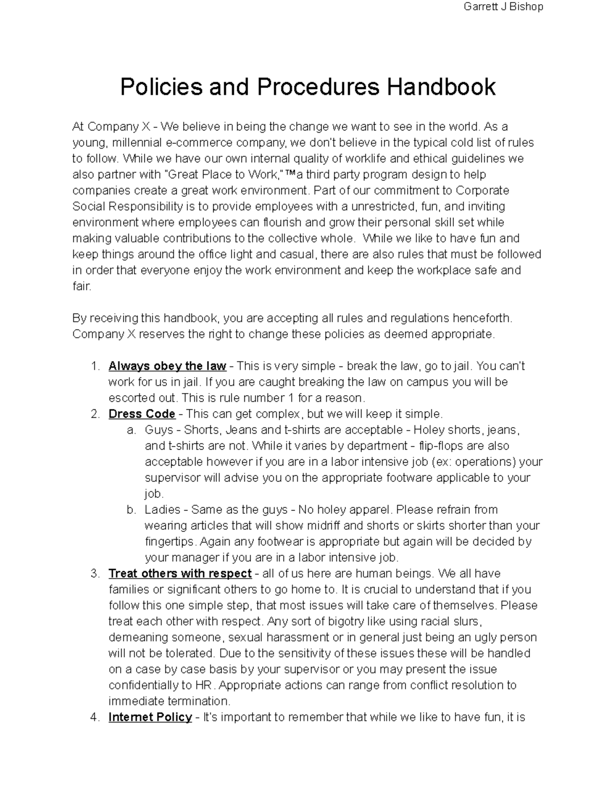 Task 2 - Ethics Programs - Handbook - Policies and Procedures Handbook ...