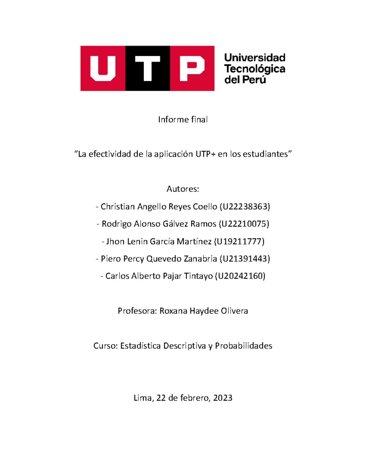 Informe final - Efectividad de la aplicacion UTP+ - Informe final “La ...