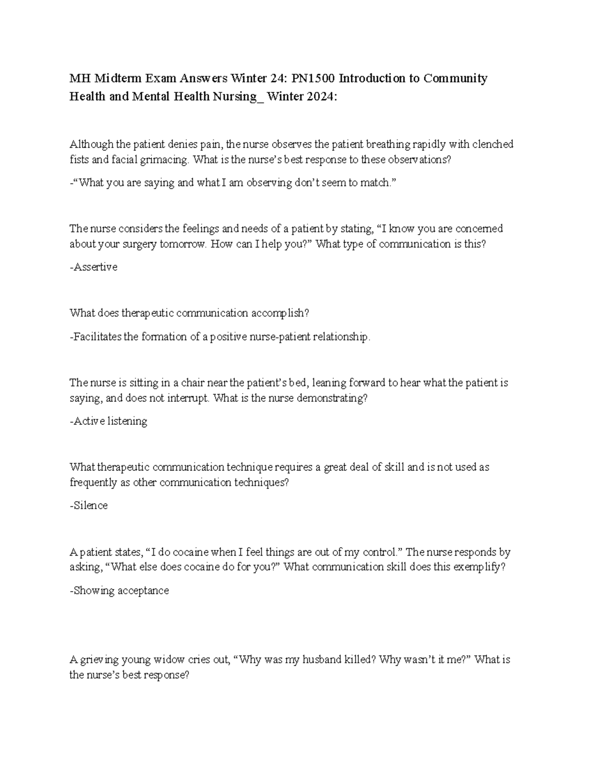 Mental Health Midterm Answers - MH Midterm Exam Answers Winter 24: PN1500 Introduction to ...
