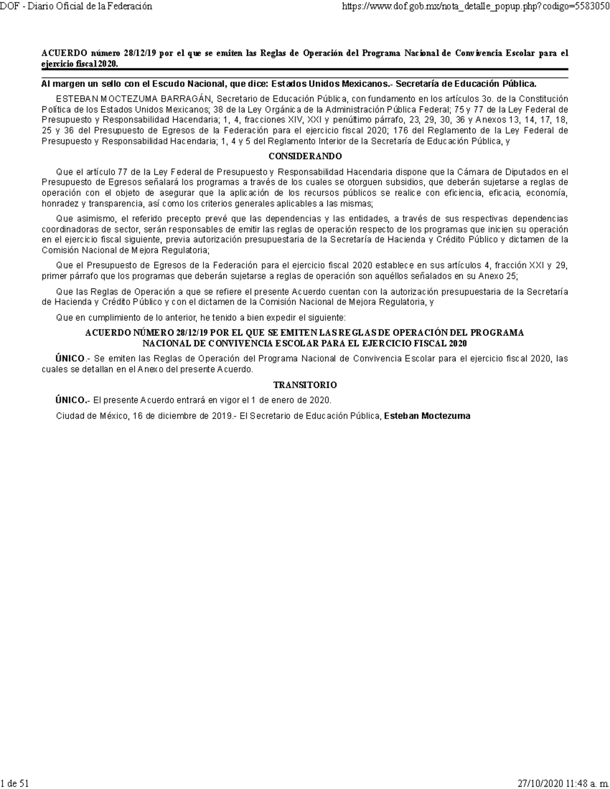 Reglas PNCE - ACUERDO número 28/12/19 por el que se emiten las Reglas de Operación del Programa ...