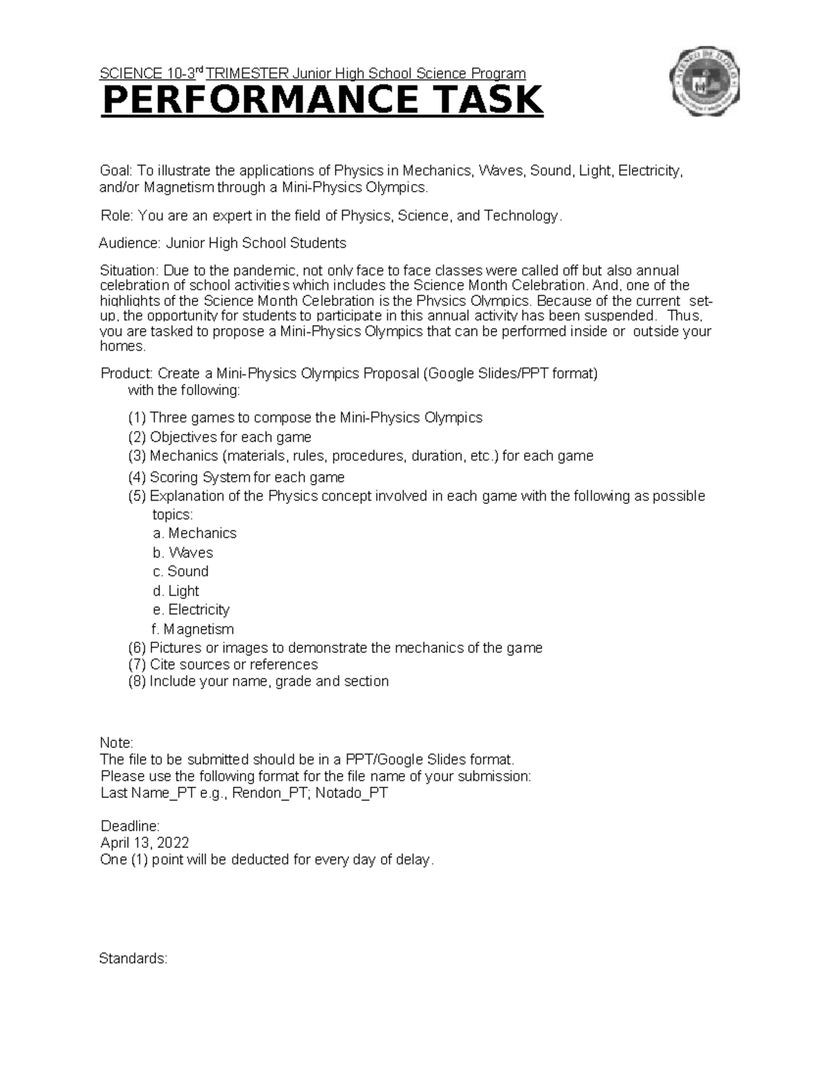3rd Trim PT-2 - This is performance task for Science. - PERFORMANCE ...