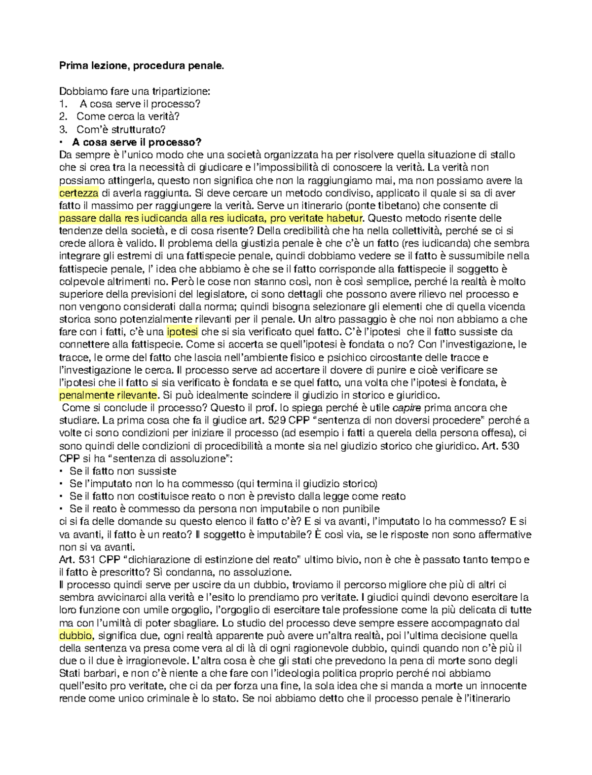 1, a cosa serve il processo - Prima lezione, procedura penale. Dobbiamo ...