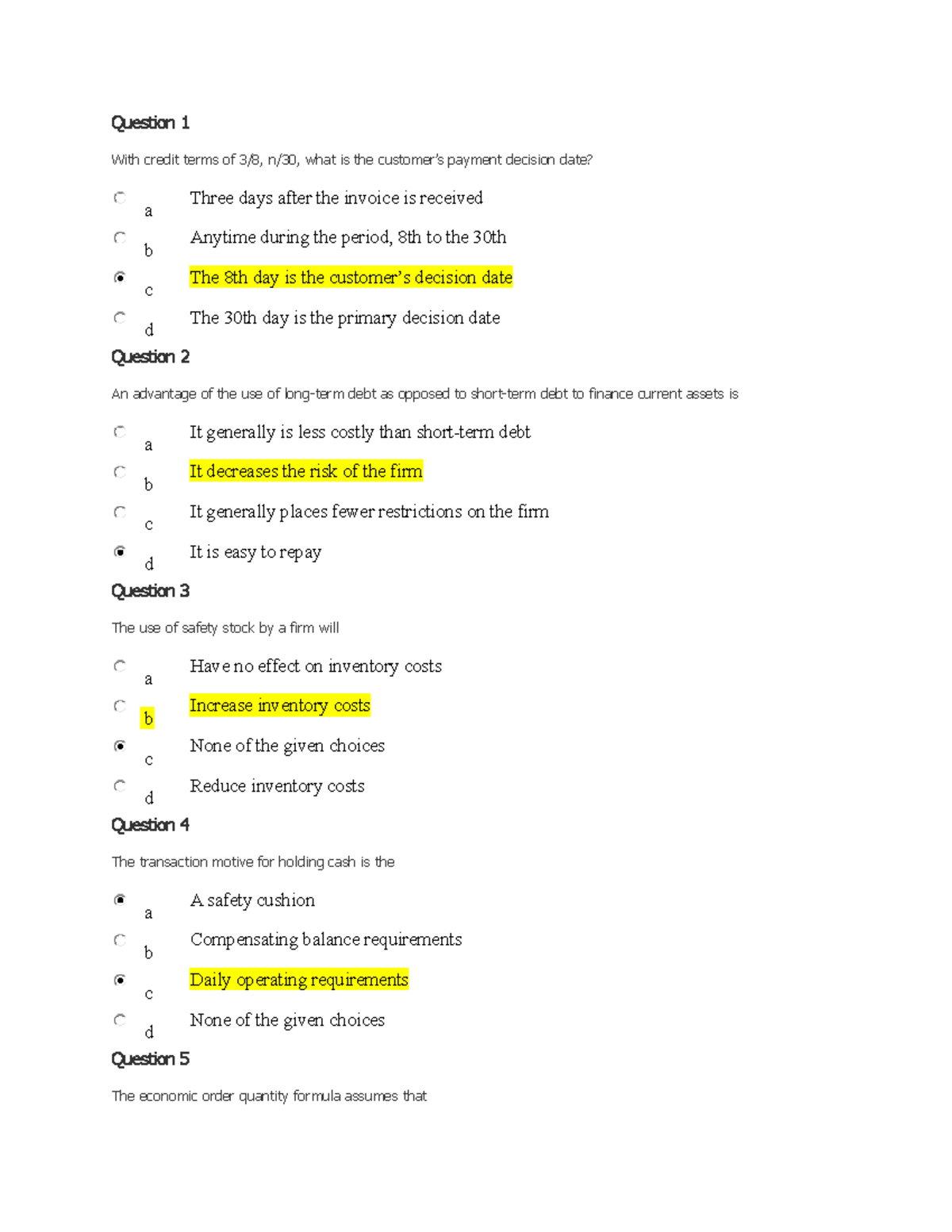 FM QUIZ#1 - QUIZ - Question 1 With credit terms of 3/8, n/30, what is ...