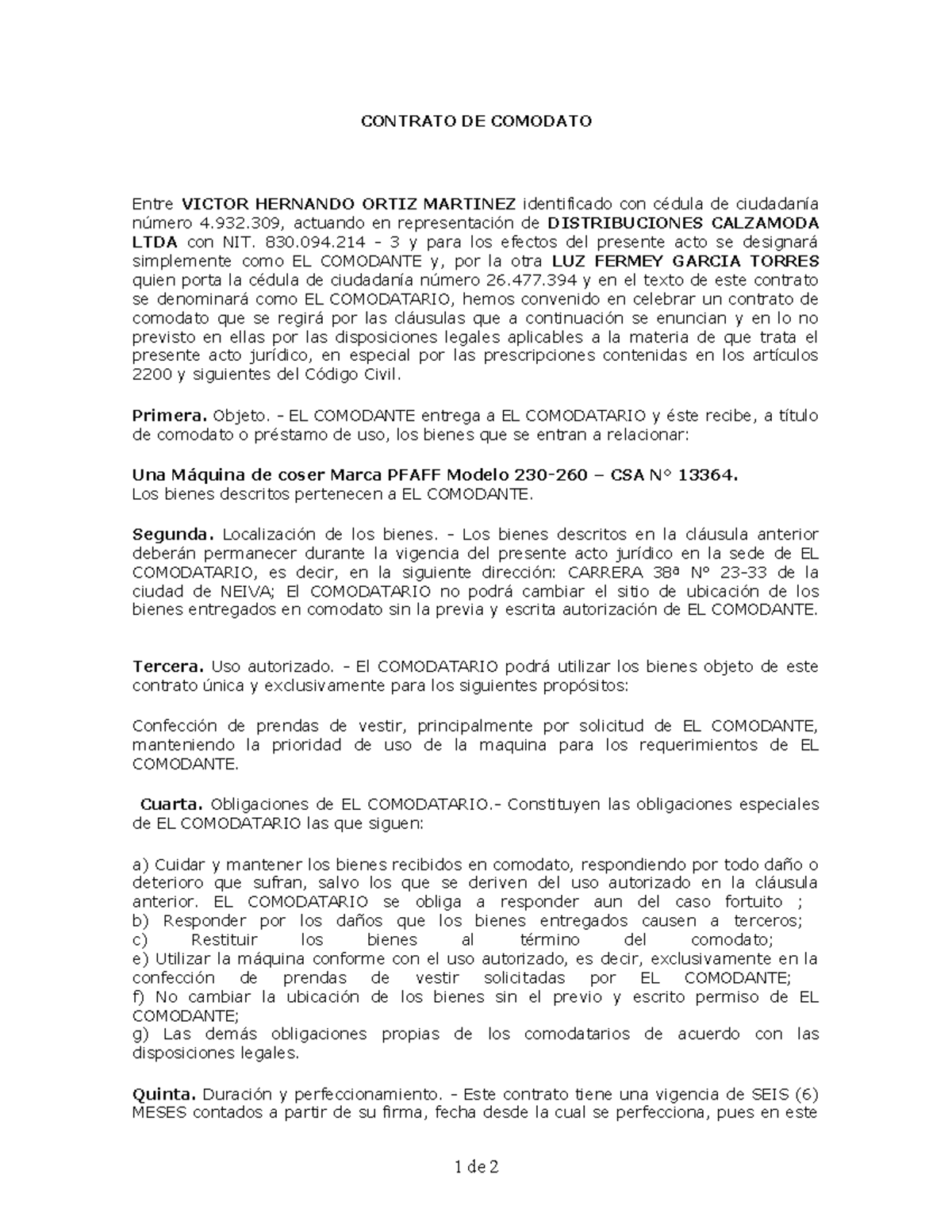 Comodato ejemplo - Contrato - CONTRATO DE COMODATO Entre VICTOR ...