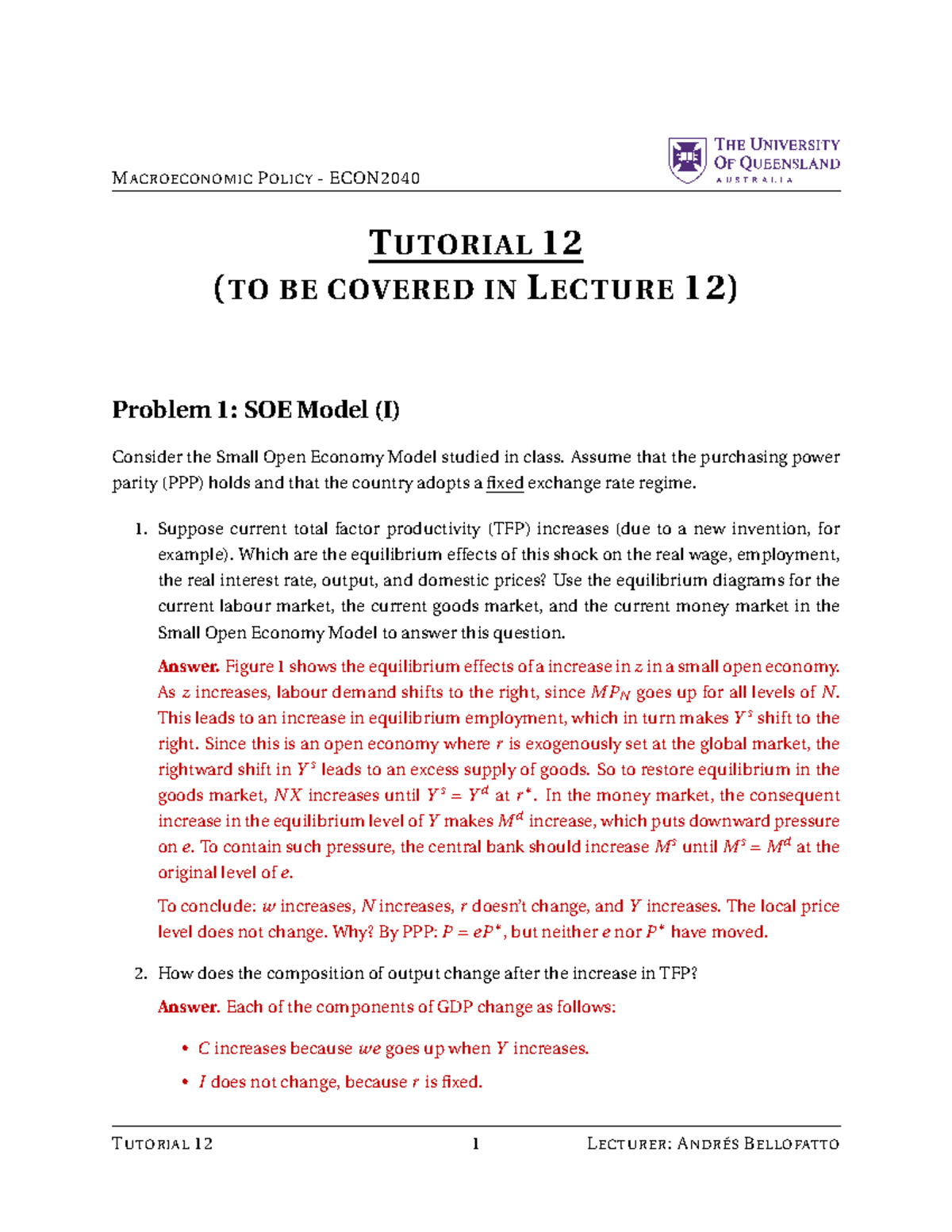 Tute 12 2040 2020 solutions - TUTORIAL 12 (TO BE COVERED IN LECTURE 12 ...