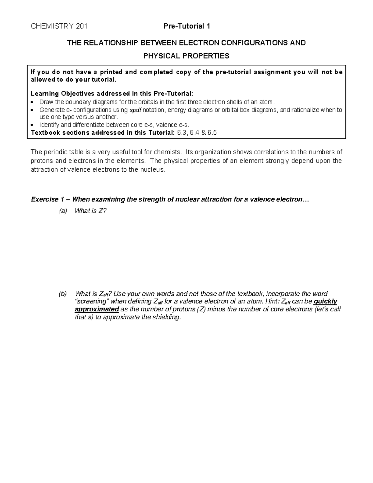 Pre-Tutorial 1 Assignment - CHEMISTRY 201 Pre-Tutorial 1 THE ...