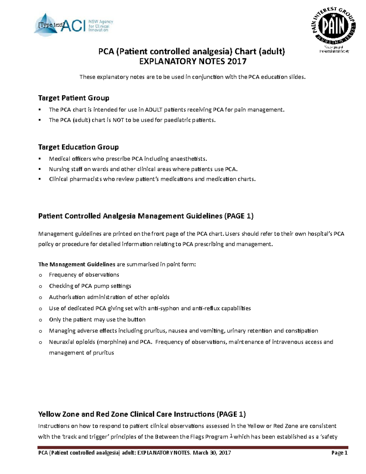 PCA-chart-adult-explanatory-notes surgical NRSG 258 - PCA (Patient ...
