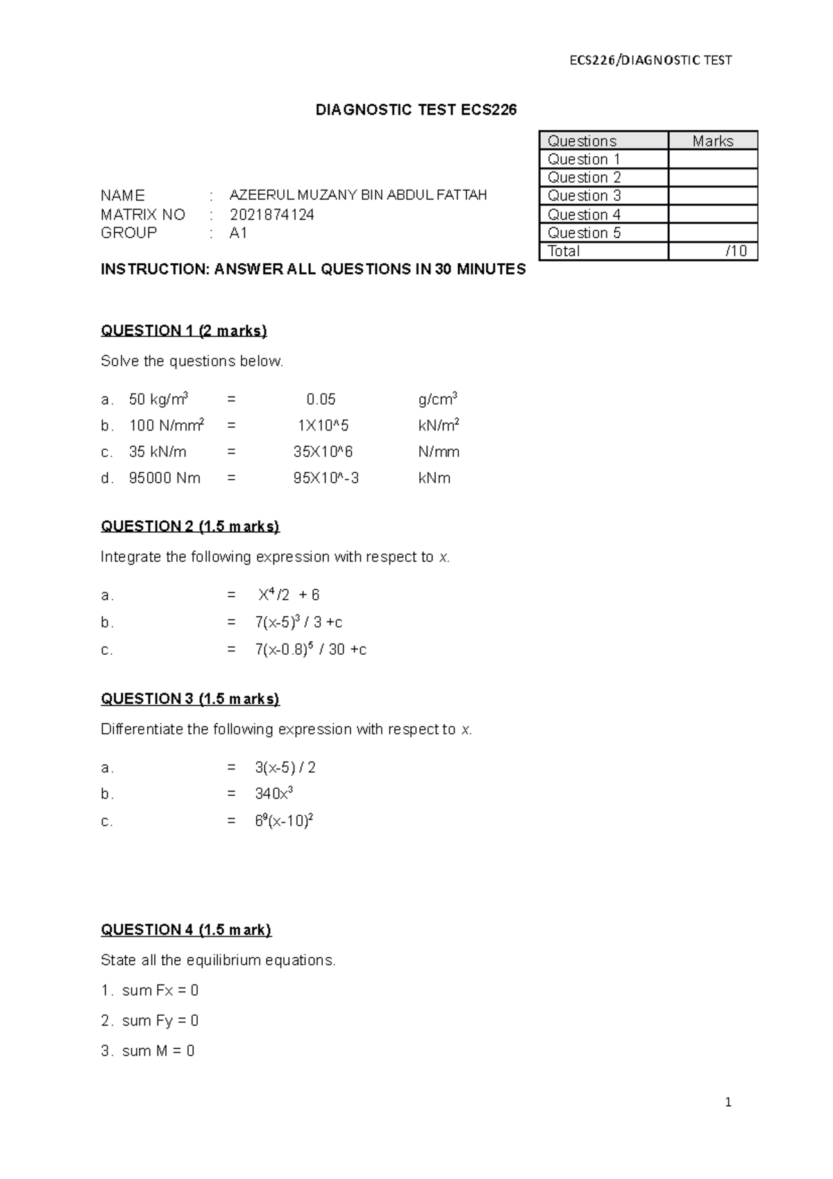 Diagnostic TEST - civil engineering - UiTM - Studocu