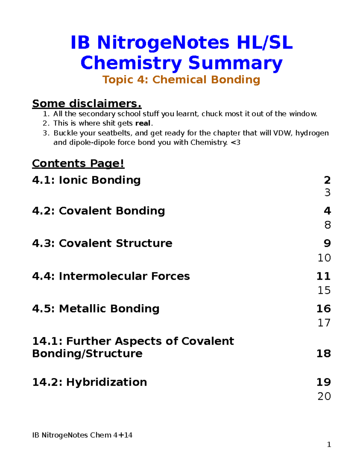 Copy of Chapter 4 + 14 Summarised Notes - IB NitrogeNotes HL/SL ...