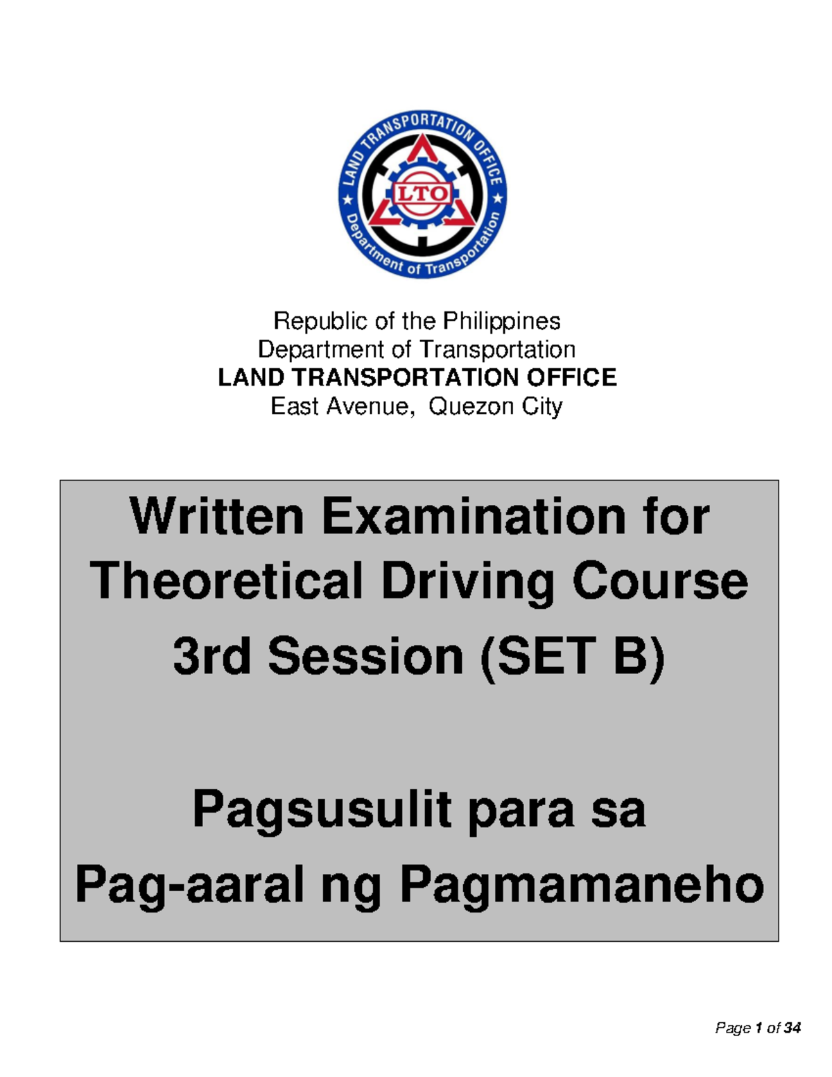 Driving - LTO lectures - Written Examination for Theoretical Driving ...