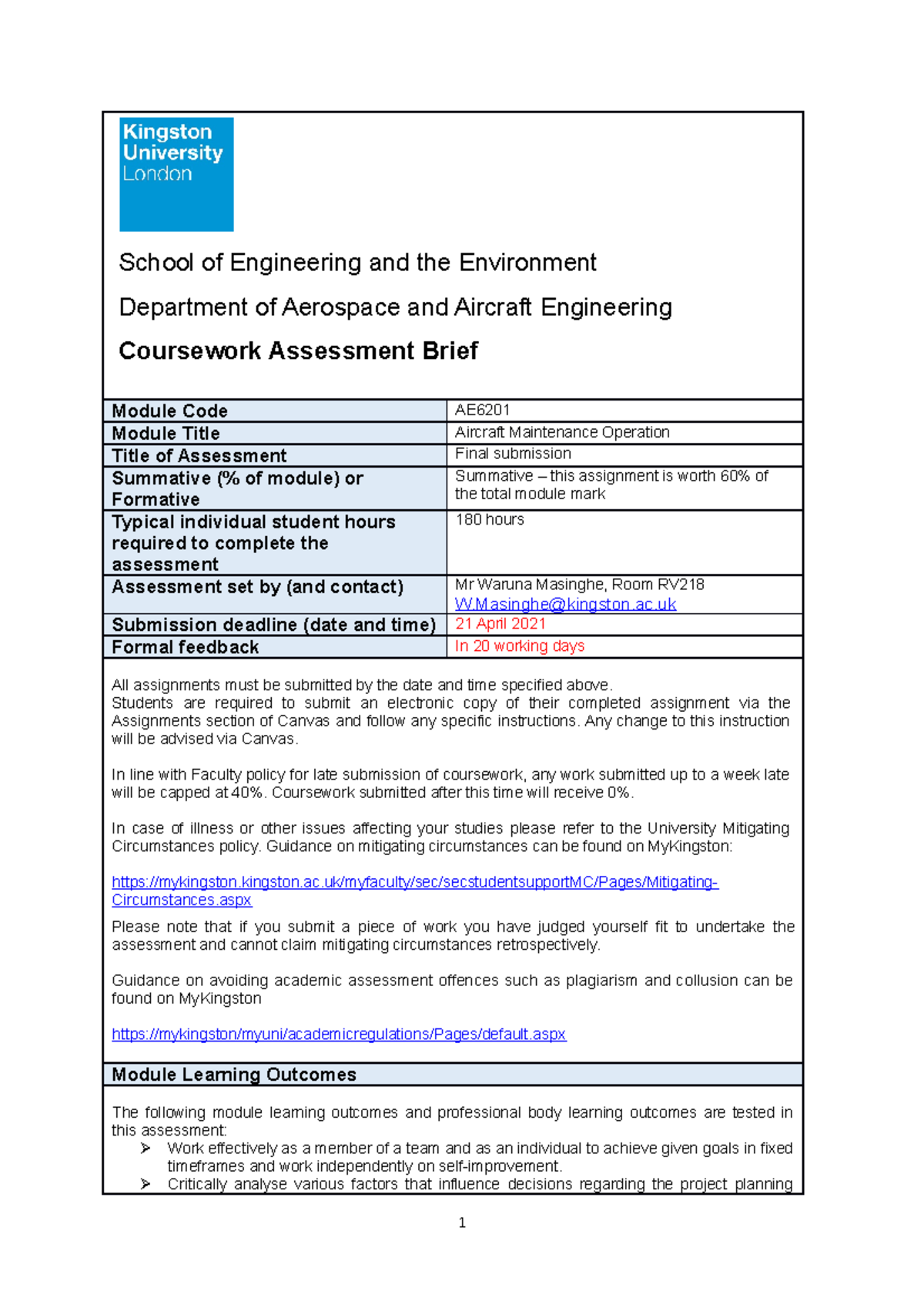 AE6201 - Final submission assessment brief -Thesis Log book PAF 20 21 ...