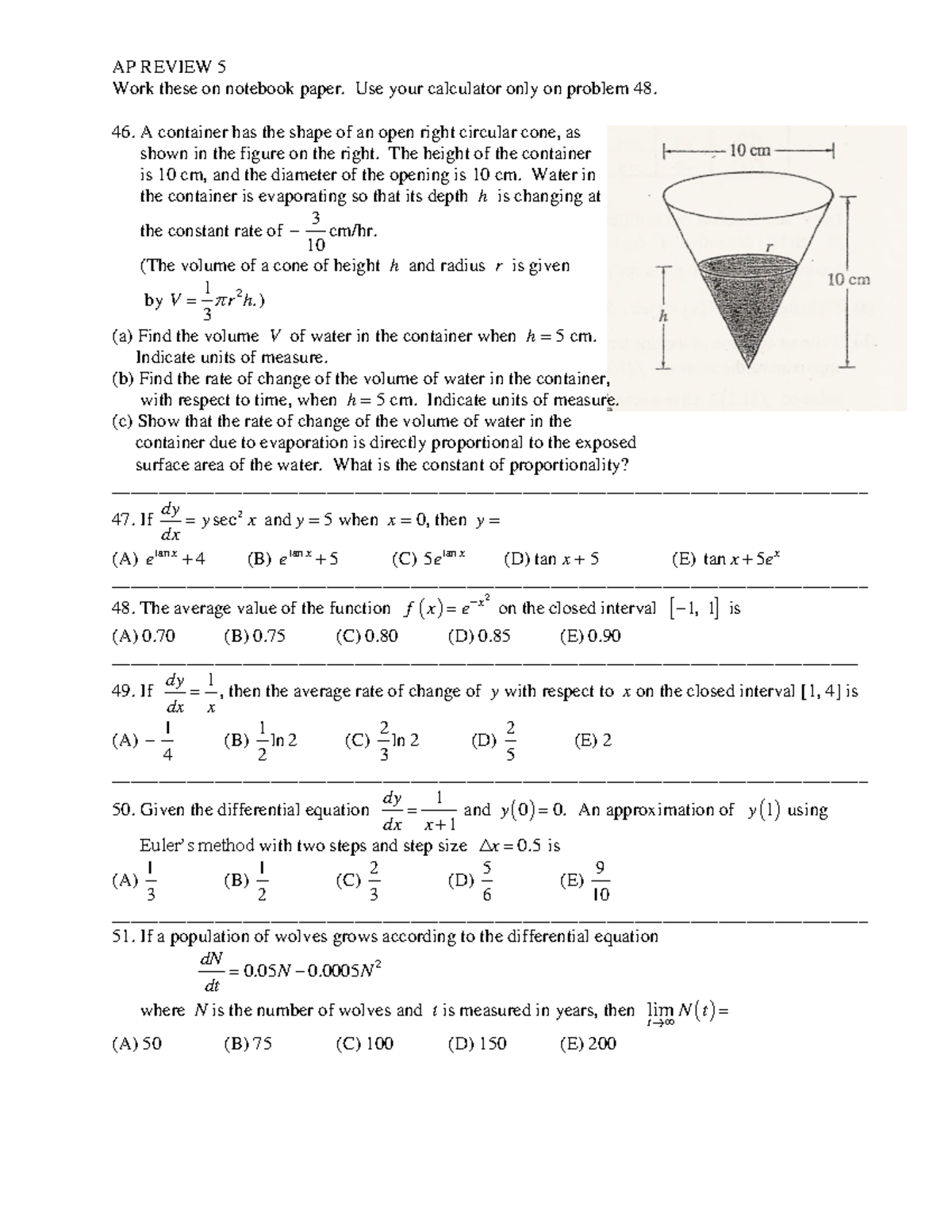 AP Review 5 - AP REVIEW 5 Work these on notebook paper. Use your ...