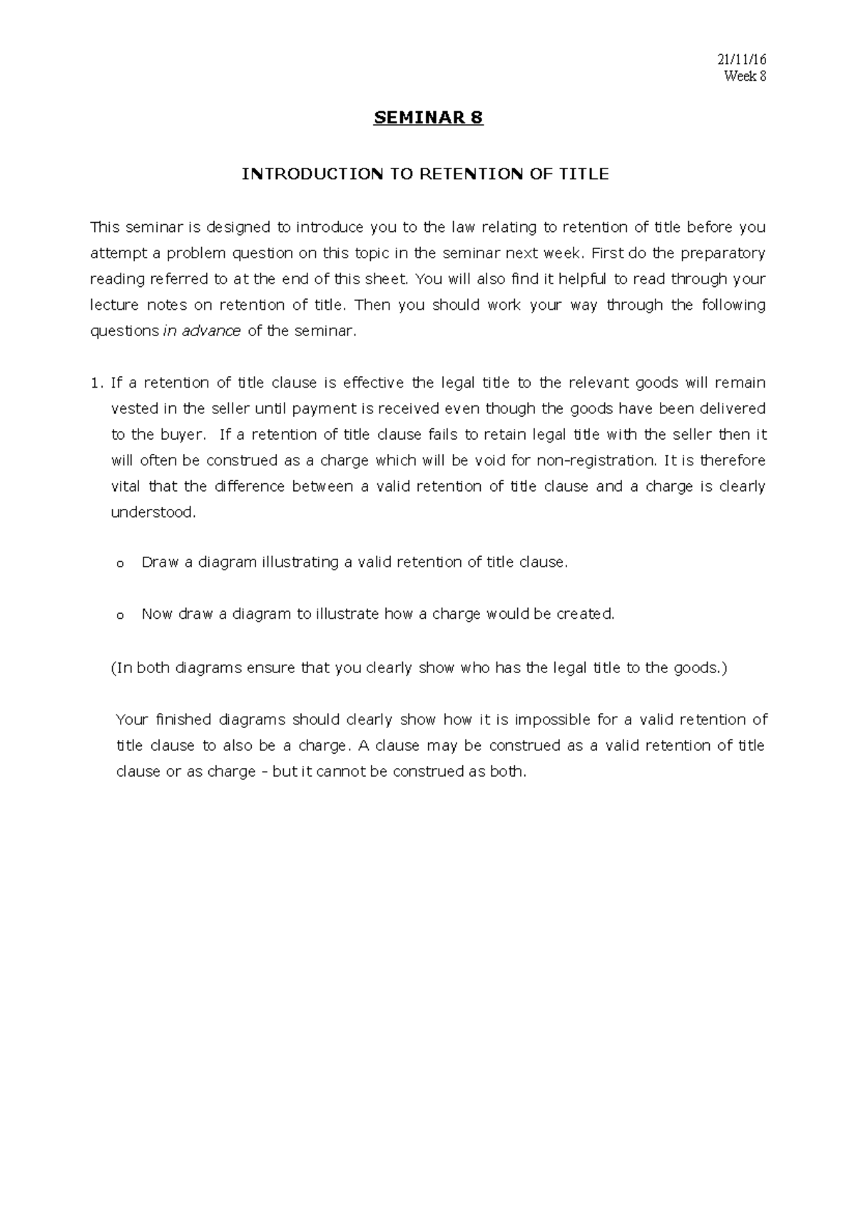 Introduction to Retention of Title - 21/11/ Week 8 SEMINAR 8 ...